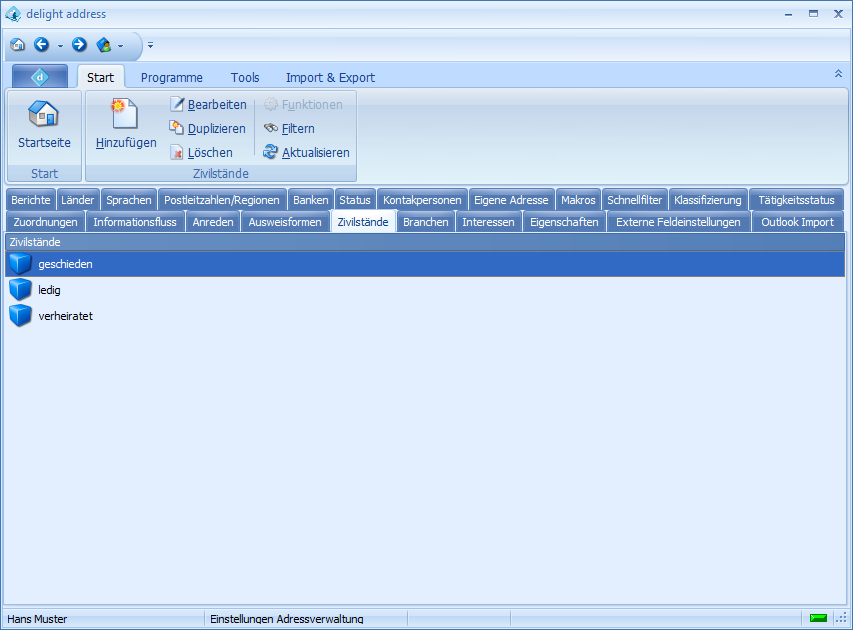 Adressverwaltung > Einstellungen > Zivilstände